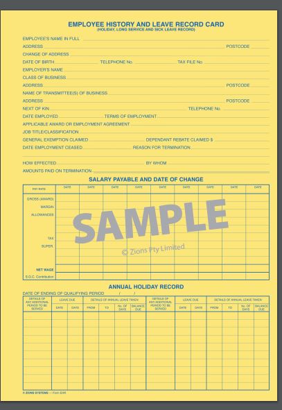Employee History & Leave Card Zions Ehr Pk20 | Independent Office Solutions