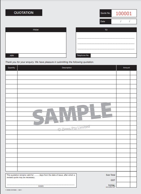 ZIONS SMALL BUSINESS ESSENTIALS CARBONLESS DUPLICATE BOOK. A4 QUOTATION ...